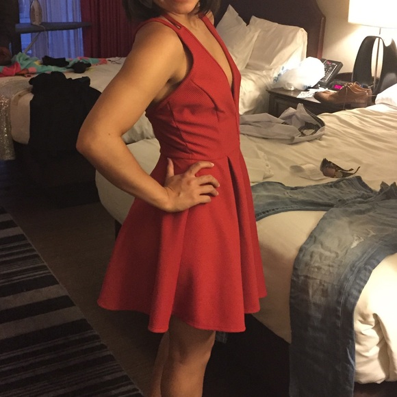 Dresses | Red Deep V Dress Flare Dress | Poshmark